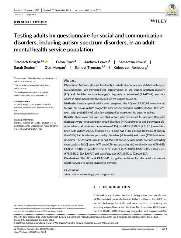 (PDF) Testing adults by questionnaire for social and communication ...