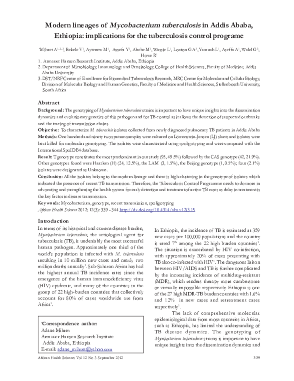 (PDF) Modern lineages of Mycobacterium tuberculosis in Addis Ababa ...