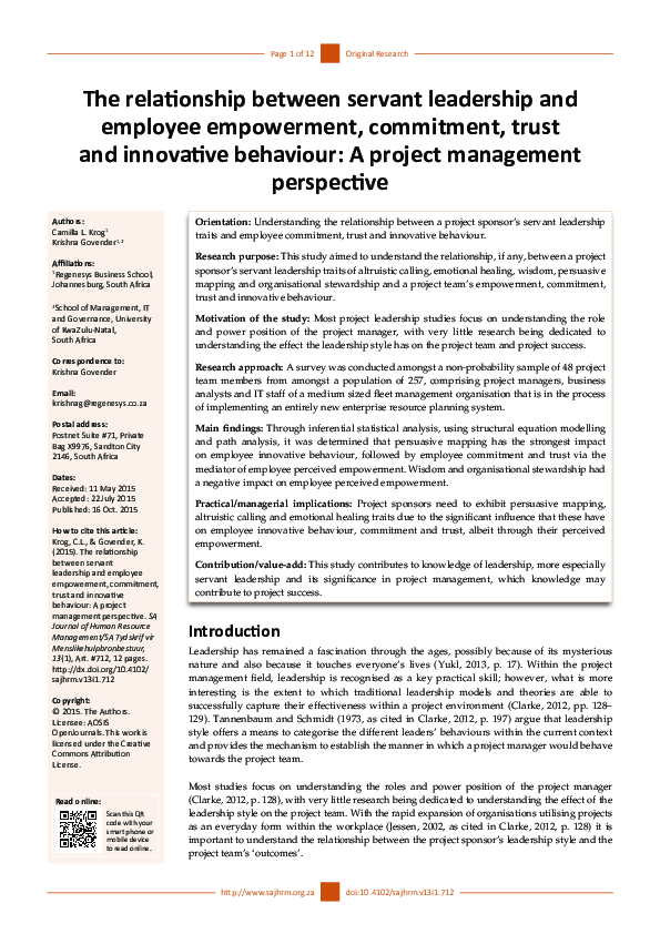 (PDF) The relationship between servant leadership and employee empowerment, commitment, trust ...