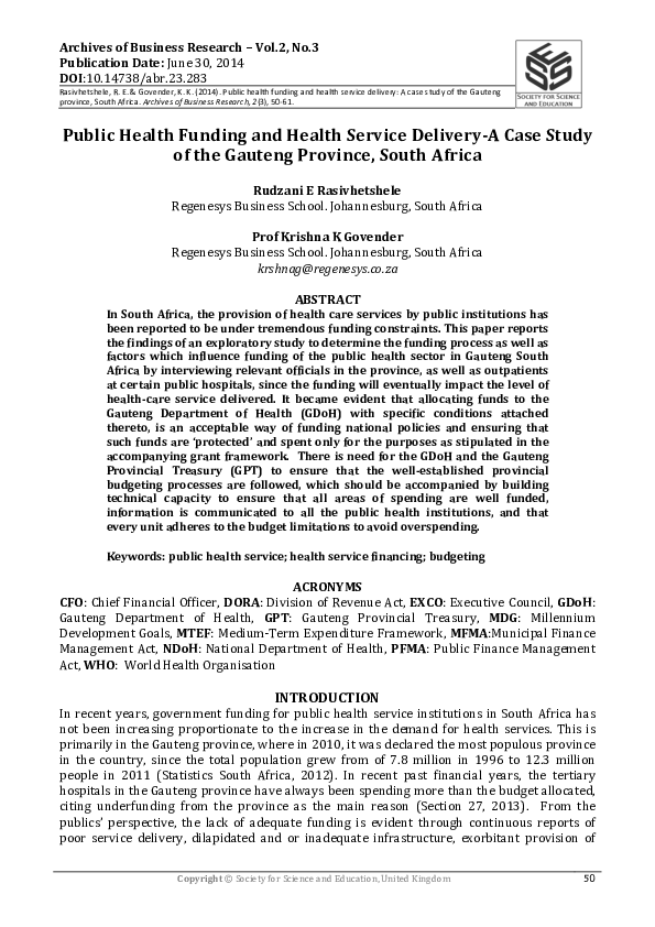 (PDF) Public Health Funding and Health Service Delivery-A Case Study of ...