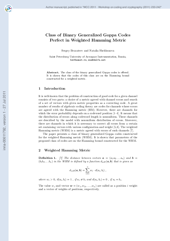 (PDF) Class of generalized Goppa codes perfect in weighted Hamming metric