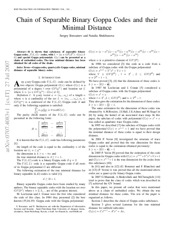(PDF) Chain of Separable binary Goppa codes IT IEEE