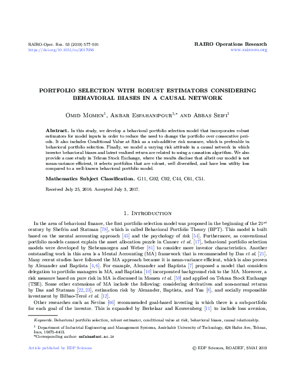 (PDF) Portfolio selection with robust estimators considering behavioral ...