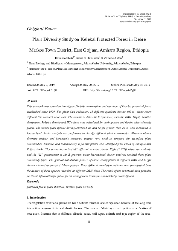 (PDF) Plant Diversity Study on Kelekal Protected Forest in Debre Markos ...