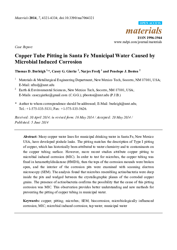 (PDF) Copper Tube Pitting in Santa Fe Municipal Water Caused by ...