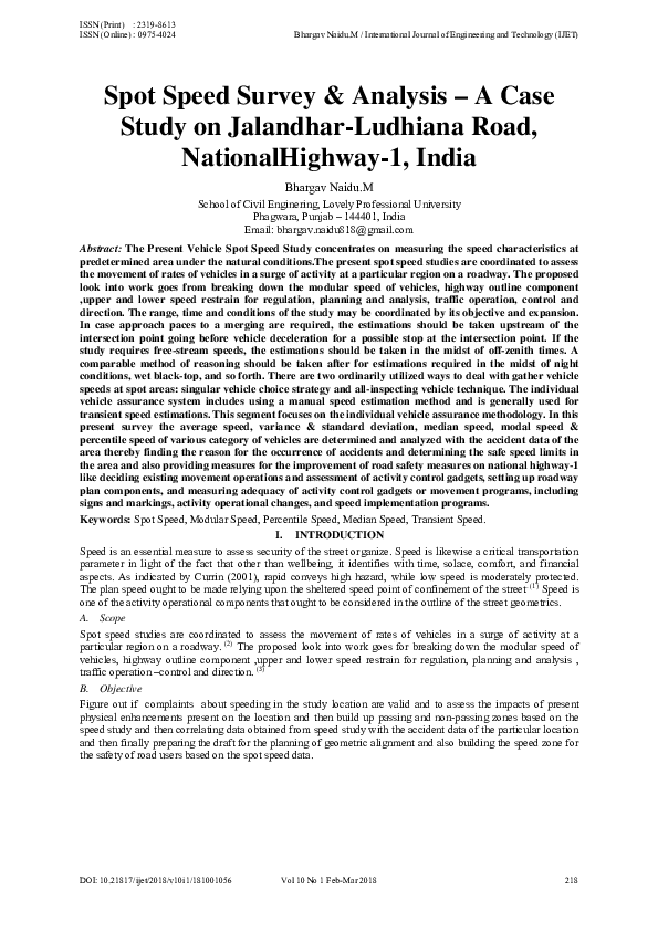 (PDF) Spot Speed Survey Analysis – A Case Study on Jalandhar-Ludhiana ...