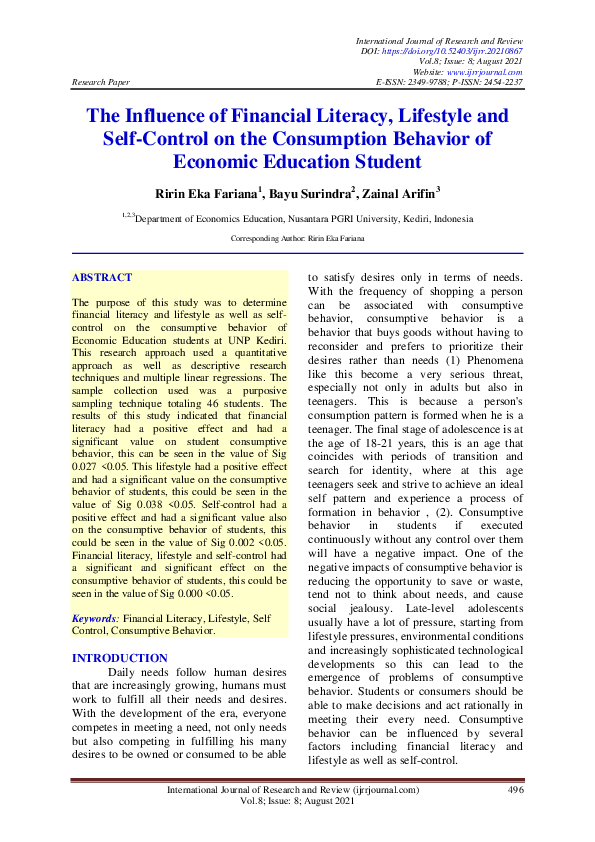 (PDF) The Influence of Financial Literacy, Lifestyle and Self-Control on the Consumption ...
