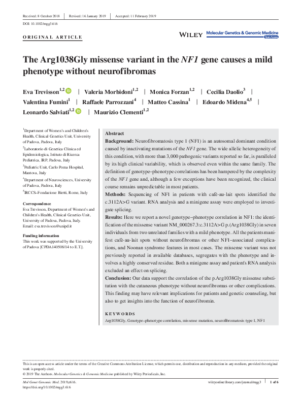 (PDF) The Arg1038Gly missense variant in the NF1 gene causes a mild phenotype without neurofibromas