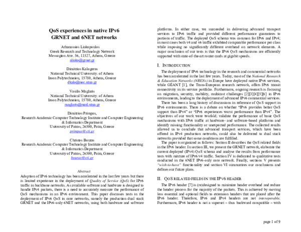 (PDF) QoS experiences in native IPv6 GRNET and 6NET networks