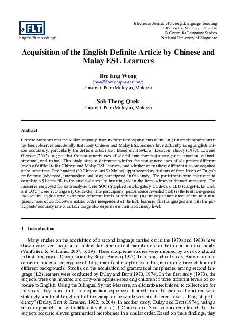 (PDF) Acquisition of the English Definite Article by Chinese and Malay ...
