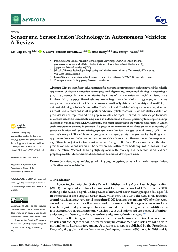 (PDF) Sensor and Sensor Fusion Technology in Autonomous Vehicles: A Review