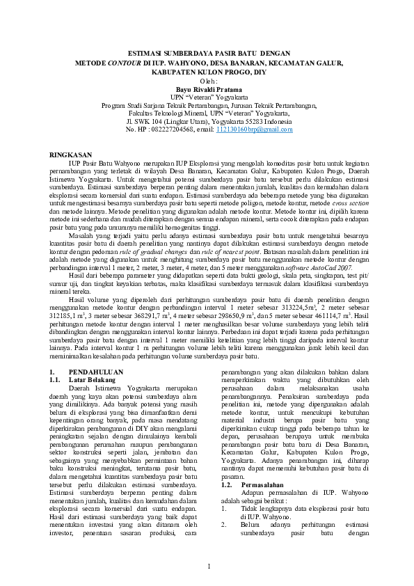 (DOC) ESTIMASI SUMBERDAYA PASIR BATU DENGAN METODE CONTOUR DI IUP ...