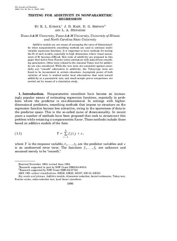 Pdf Testing For Additivity In Nonparametric Regression Jeffrey Hart 2342