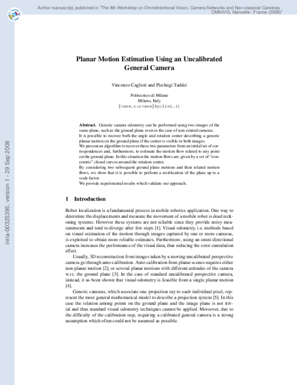 (PDF) Planar Motion Estimation Using an Uncalibrated General Camera