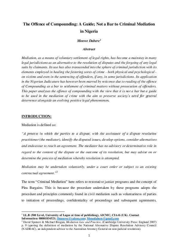 (PDF) The Offence of Compounding: A Guide; Not a Bar to Criminal ...