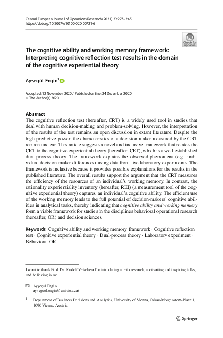 Pdf The Cognitive Ability And Working Memory Framework Interpreting Cognitive Reflection Test