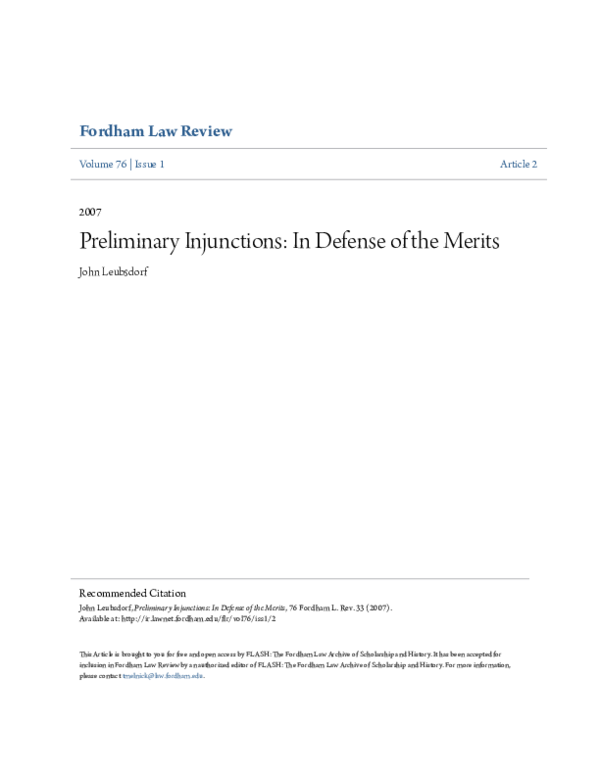(PDF) Preliminary Injunctions: In Defense of the Merits
