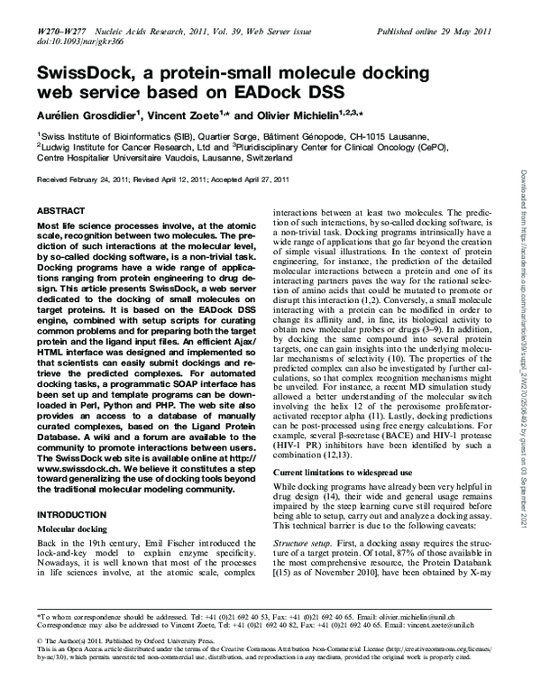 (PDF) SwissDock, a protein-small molecule docking web service based on ...