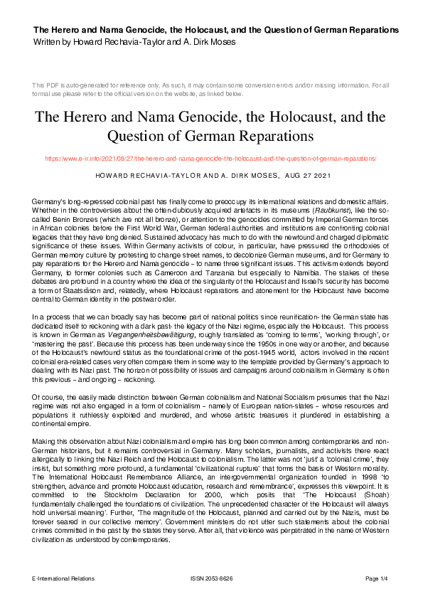 (PDF) The Herero and Nama Genocide, the Holocaust, and the Question of ...