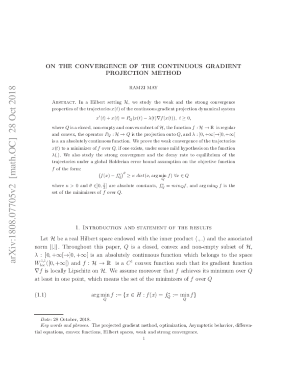 Pdf On The Convergence Of The Continuous Gradient Projection Method