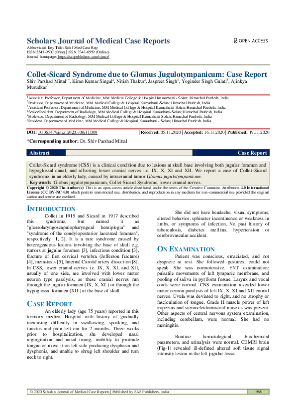 (PDF) Collet-Sicard Syndrome due to Glomus Jugulotympanicum: Case Report