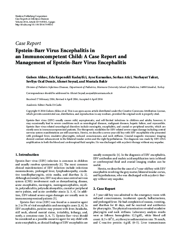 (PDF) Epstein-Barr Virus Encephalitis in an Immunocompetent Child: A ...