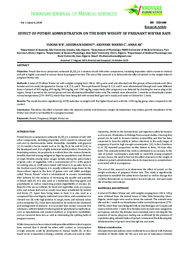 (PDF) Potash Impact on Weight of Pregnant Wistar Rats