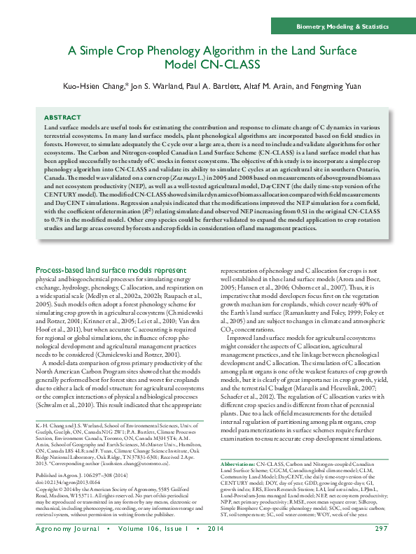 Pdf A Simple Crop Phenology Algorithm In The Land Surface Model Cn Class