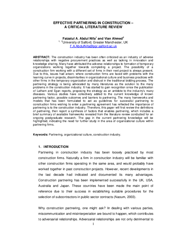 (PDF) Effective Partnering in Construction – a Critical Literature Review