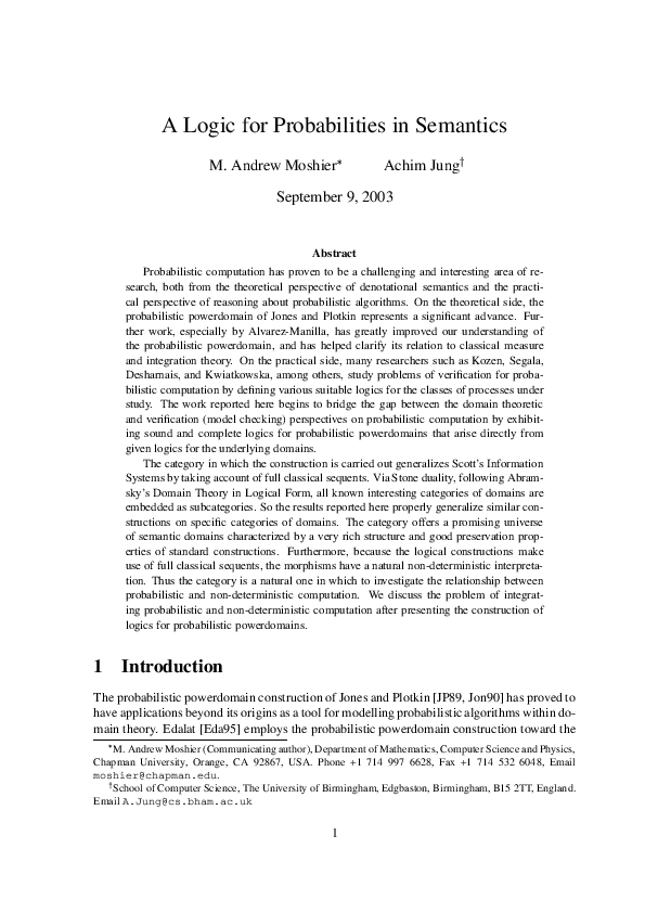(PDF) A logic for probabilities in semantics