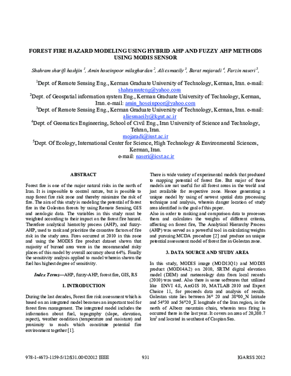 (PDF) Forest fire hazard modeling using hybrid AHP and fuzzy AHP methods using MODIS sensor