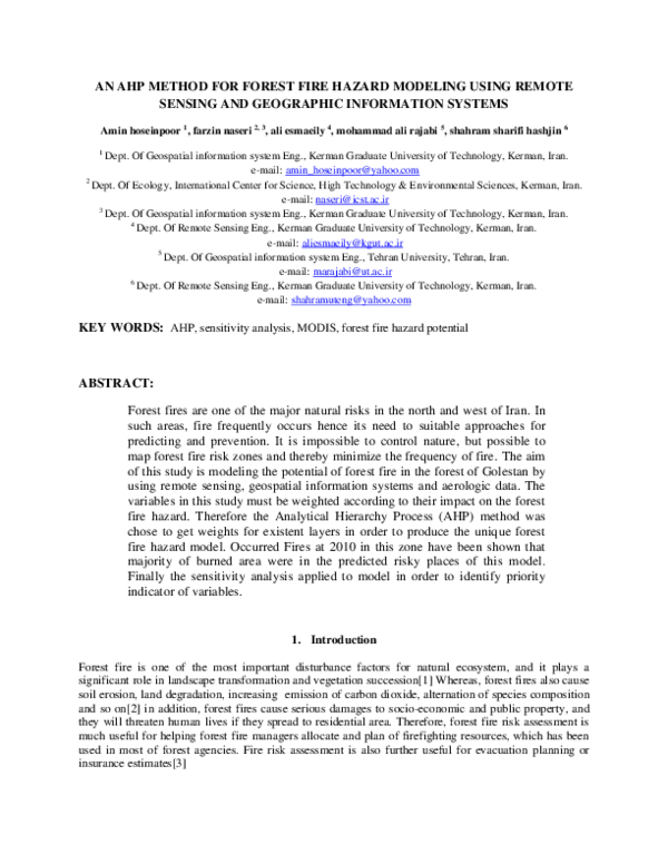 (PDF) An Ahp Method for Forest Fire Hazard Modeling Using Remote Sensing and Geographic ...