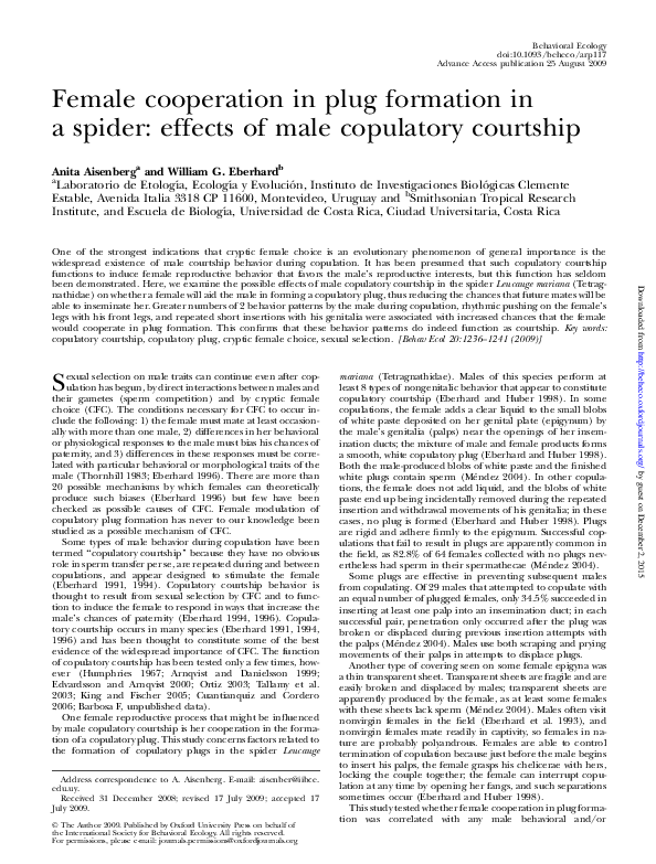 (PDF) Female cooperation in plug formation in a spider: effects of male ...