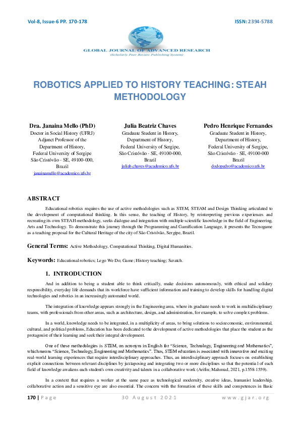 (PDF) ROBOTICS APPLIED TO HISTORY TEACHING: STEAH METHODOLOGY