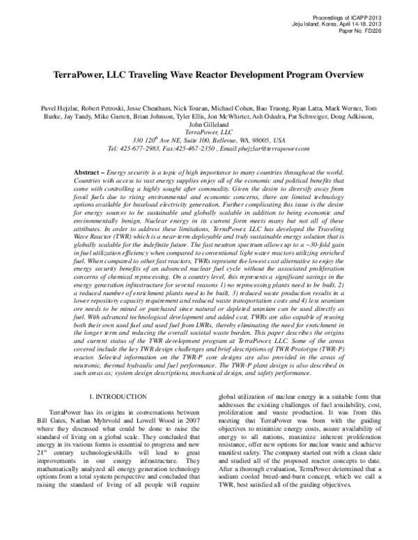 (PDF) Terrapower, LLC Traveling Wave Reactor Development Program Overview