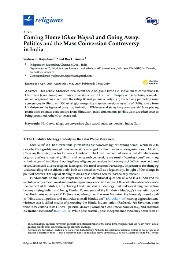 (PDF) Coming Home (Ghar Wapsi) and Going Away: Politics and the Mass Conversion Controversy in India