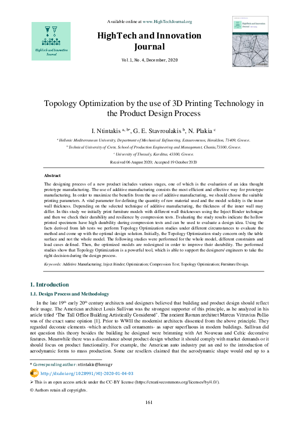 (PDF) Topology Optimization by the use of 3D Printing Technology in the Product Design Process