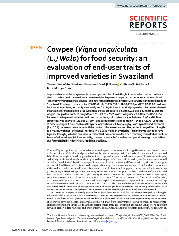 (PDF) Cowpea (Vigna unguiculata (L.) Walp) for food security: an evaluation of end-user traits ...
