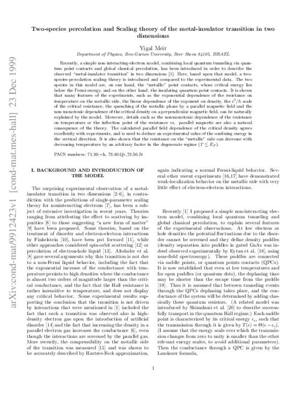 Pdf Two Species Percolation And Scaling Theory Of The Metal Insulator Transition In Two Dimensions