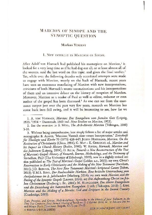 (PDF) Vinzent, Markus, Marcion of Sinope and the Synoptic Question ...