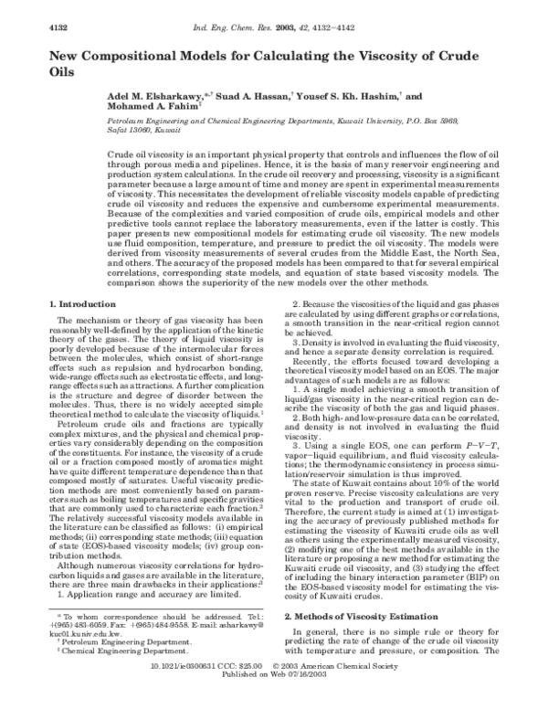 (PDF) New Compositional Models for Calculating the Viscosity of Crude Oils
