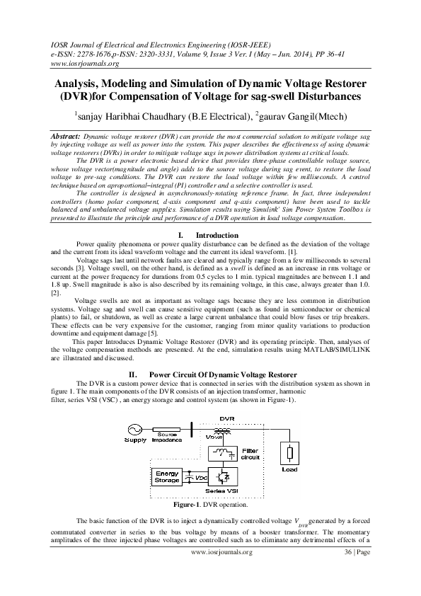 (PDF) Analysis, Modeling and Simulation of Dynamic Voltage Restorer (DVR)for Compensation of ...