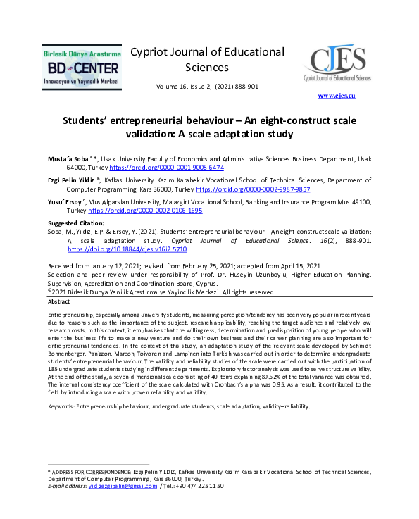 (PDF) Students' entrepreneurial behaviour -An eight-construct scale validation: A scale ...
