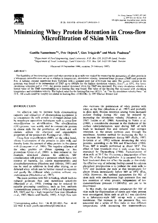 (PDF) Minimizing whey protein retention in cross-flow microfiltration ...