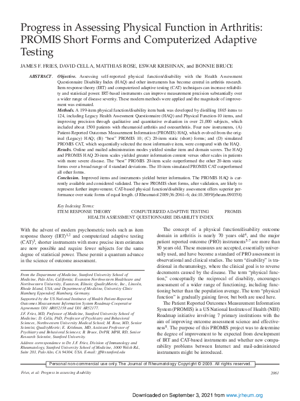 (PDF) Progress in Assessing Physical Function in Arthritis: PROMIS Short Forms and Computerized ...