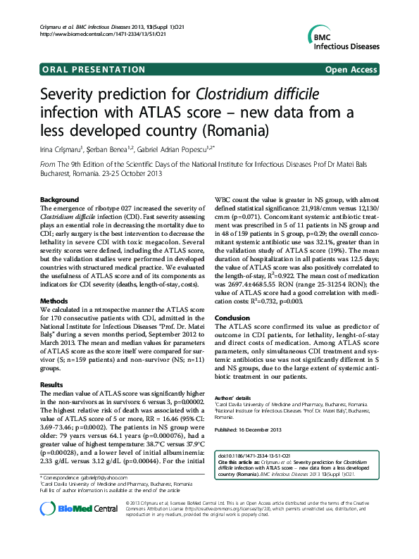 (PDF) Severity prediction for Clostridium difficile infection with ATLAS score – new data from a ...