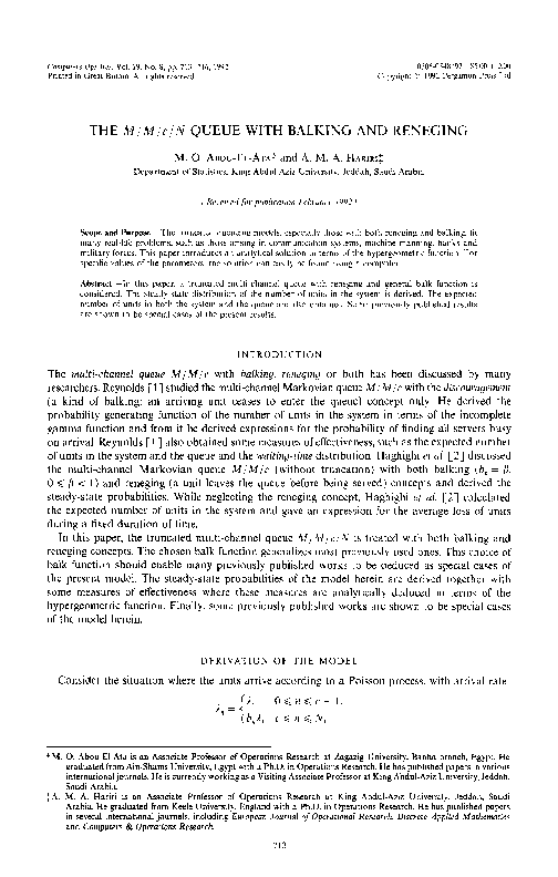 (PDF) The M/M/c/N queue with balking and reneging
