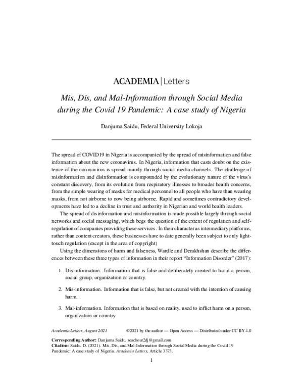 (PDF) Mis, Dis, and Mal-Information through Social Media during the ...