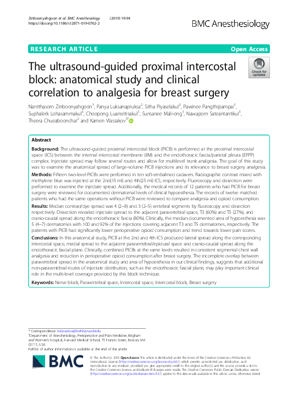 (PDF) The Ultrasound-guided Proximal Intercostal Block: Anatomical ...