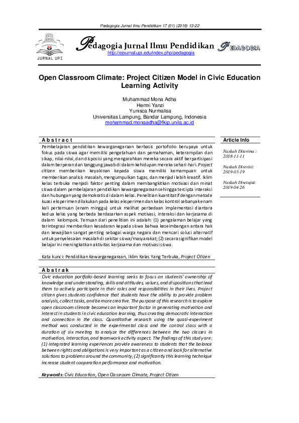 (PDF) Open Classroom Climate: Project Citizen Model in Civic Education ...